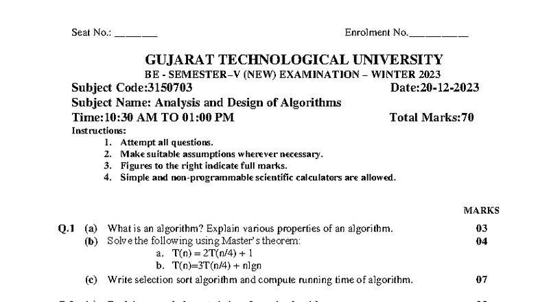Analysis and Design of Algorithms (3150703) - Previous Year Questions ...