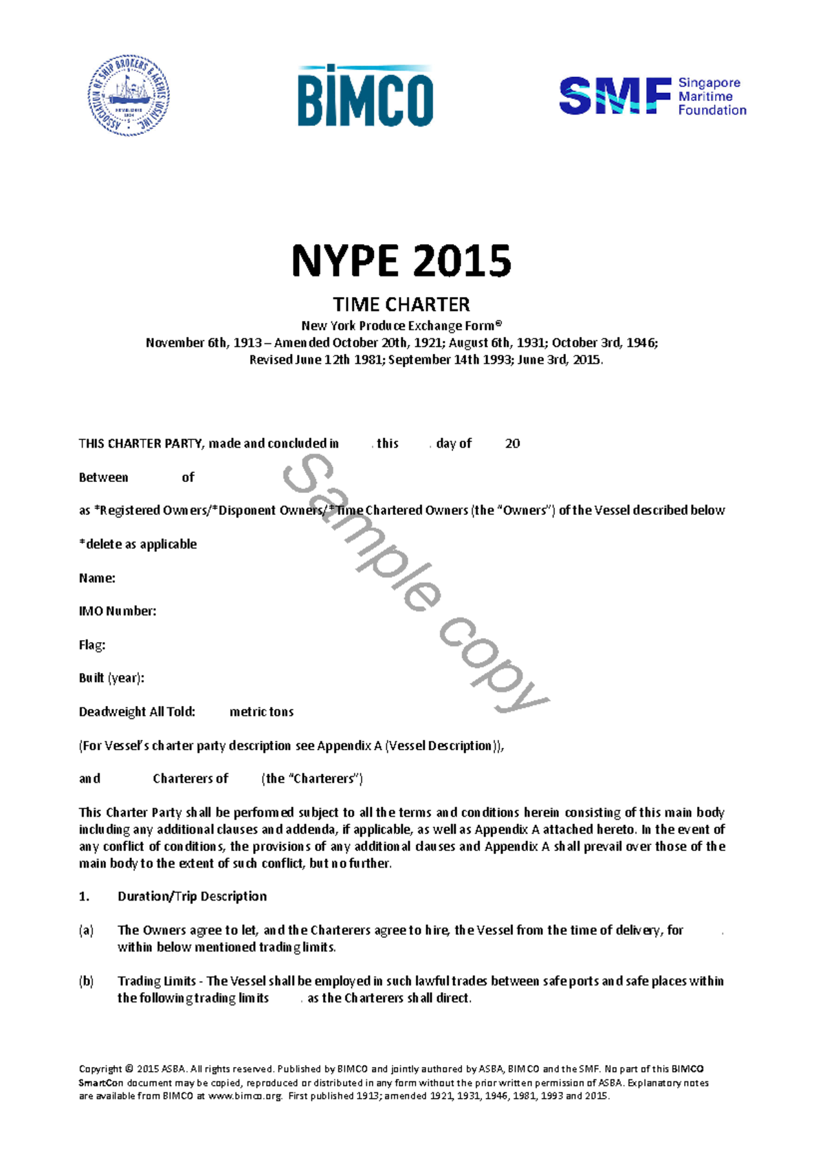 NYPE 2015 Time Charter Party - Sample Document (Final Exam Notes) - Studocu