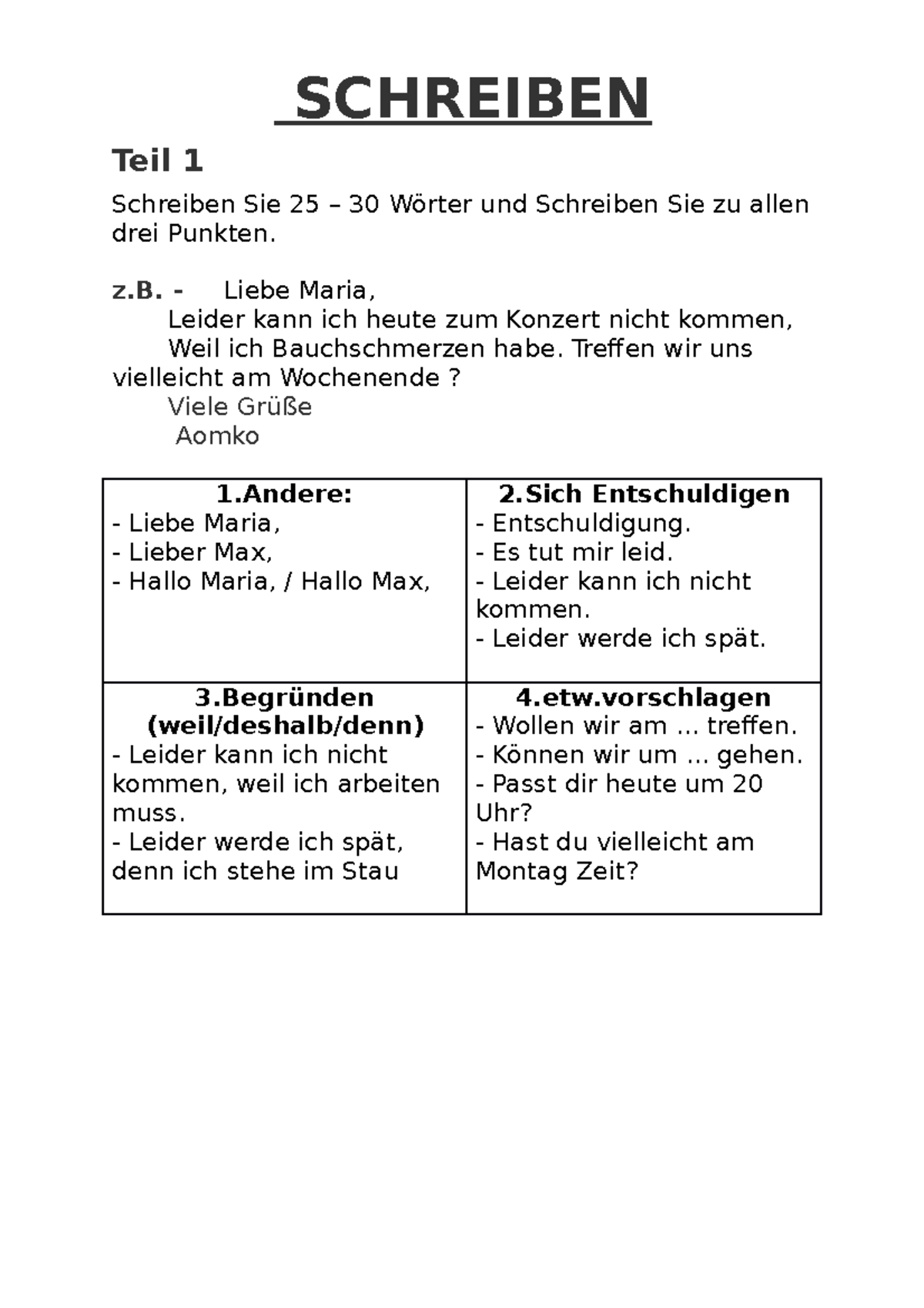 A2 - Schreiben Übung für Deutsch Lernende - Studocu