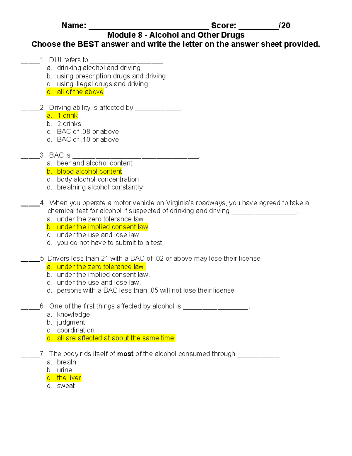 Drivers Ed Module 8 Activity: Alcohol and Other Drugs Quiz - Studocu