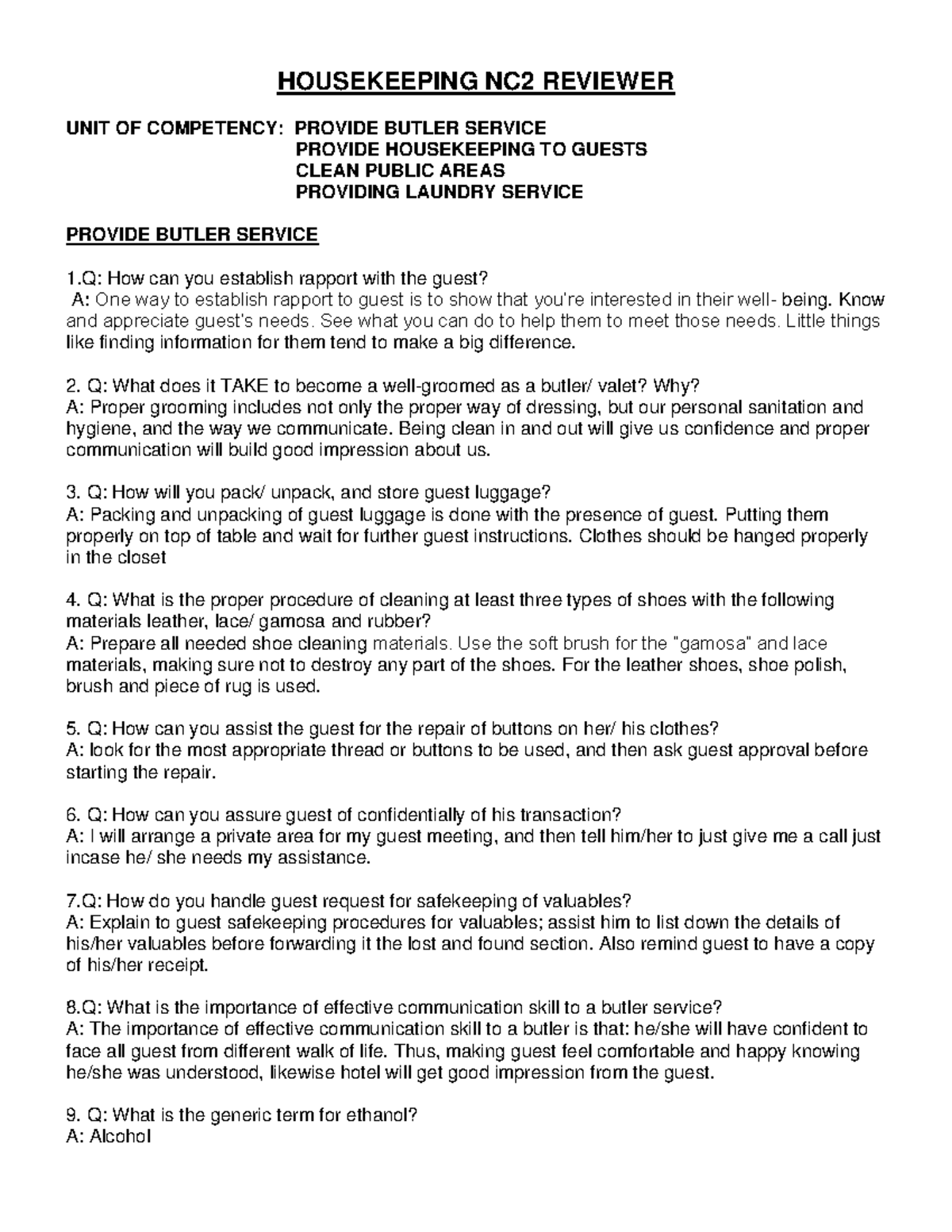 Housekeeping-NC2- Reviewer - HOUSEKEEPING NC2 REVIEWER UNIT OF ...