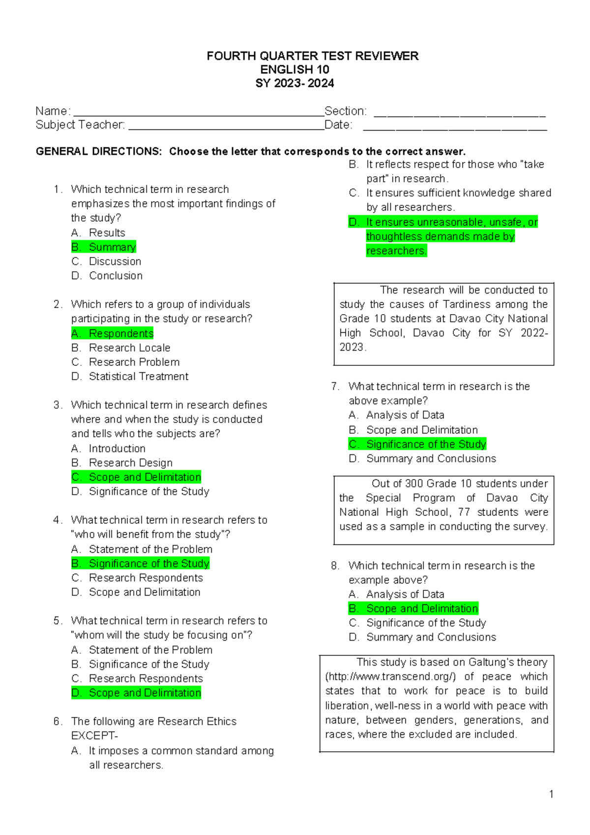 Fourth Quarter English 10 Test Reviewer SY 2023-2024 with Answers - Studocu
