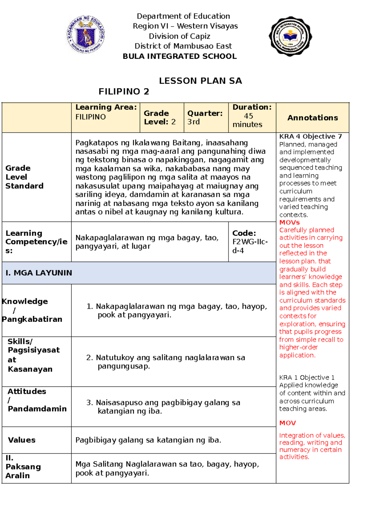 COT-FIL2-Q3: Lesson Plan on Descriptive Words for Grade 2 - Studocu