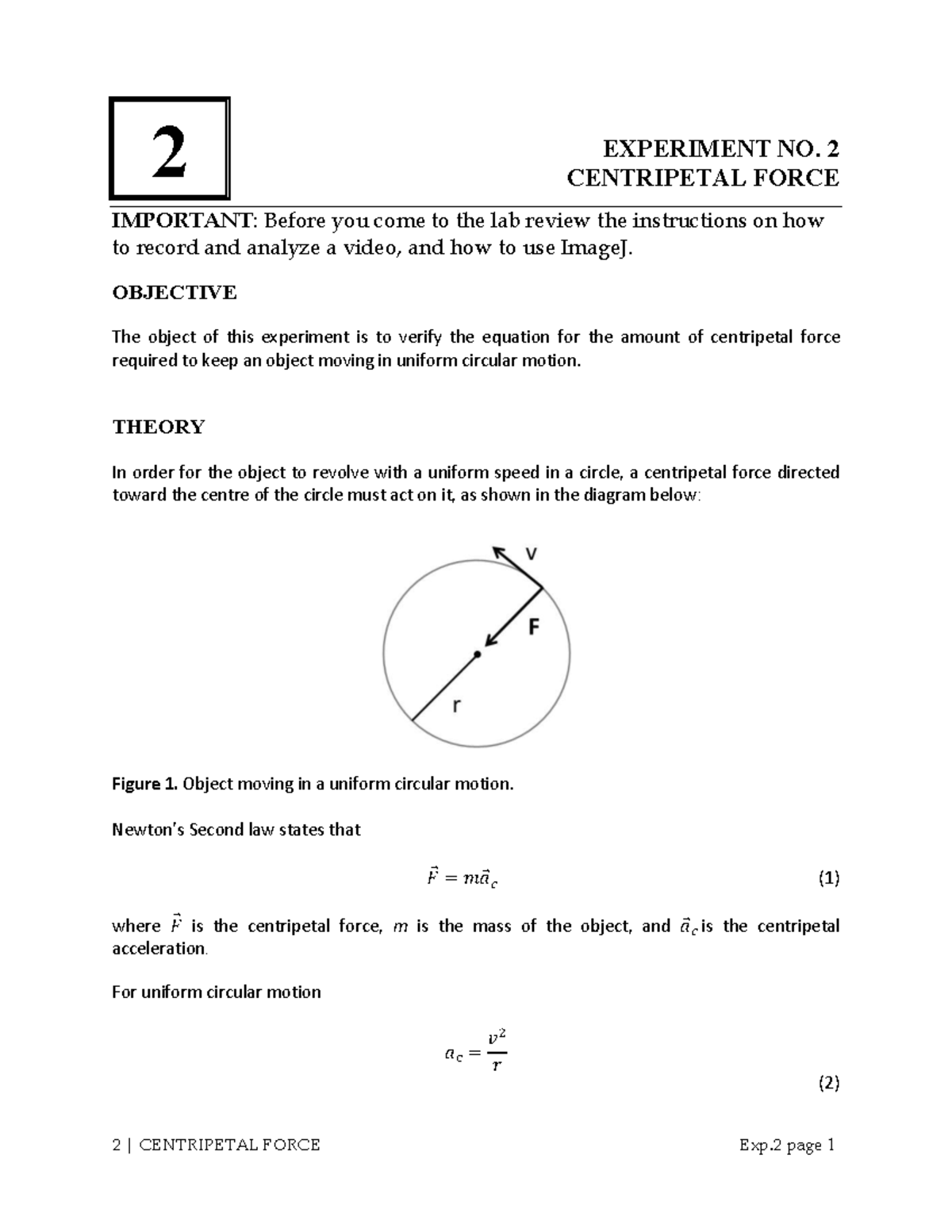 Experiment 2: Centripetal Force Analysis and Instructions - Studocu