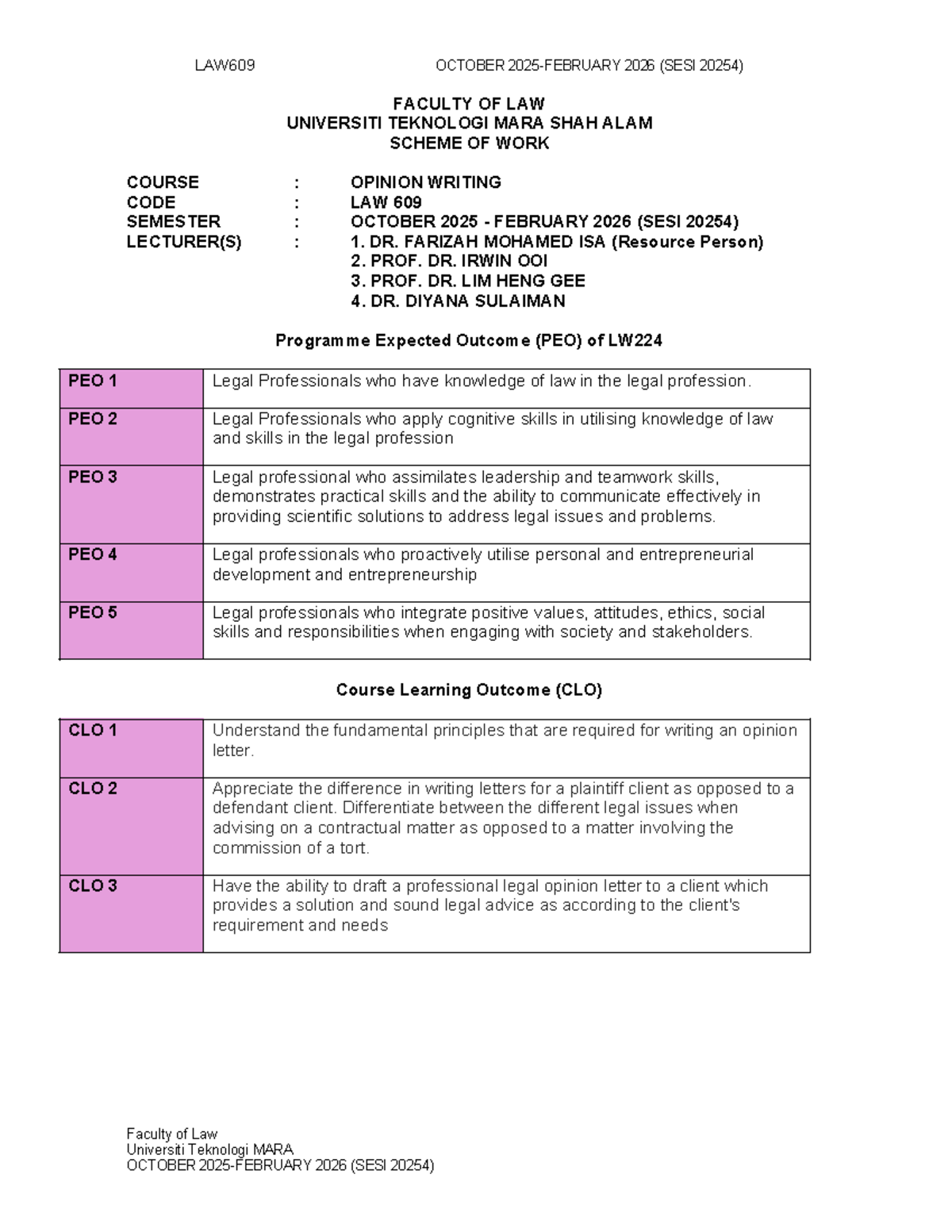 LAW609 Scheme of Work: Opinion Writing (Oct 2025 - Feb 2026) - Studocu