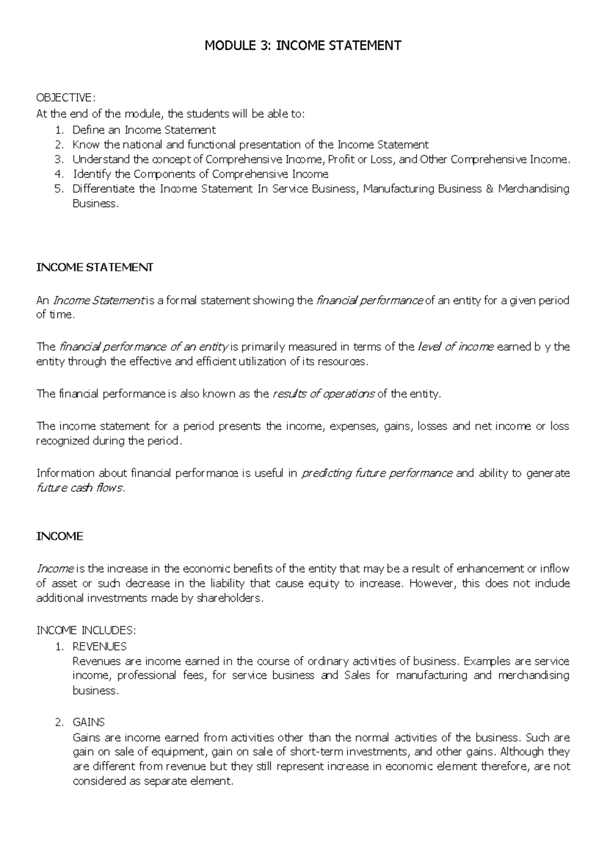 Module 3 Income Statement - MODULE 3: INCOME STATEMENT OBJECTIVE: At ...
