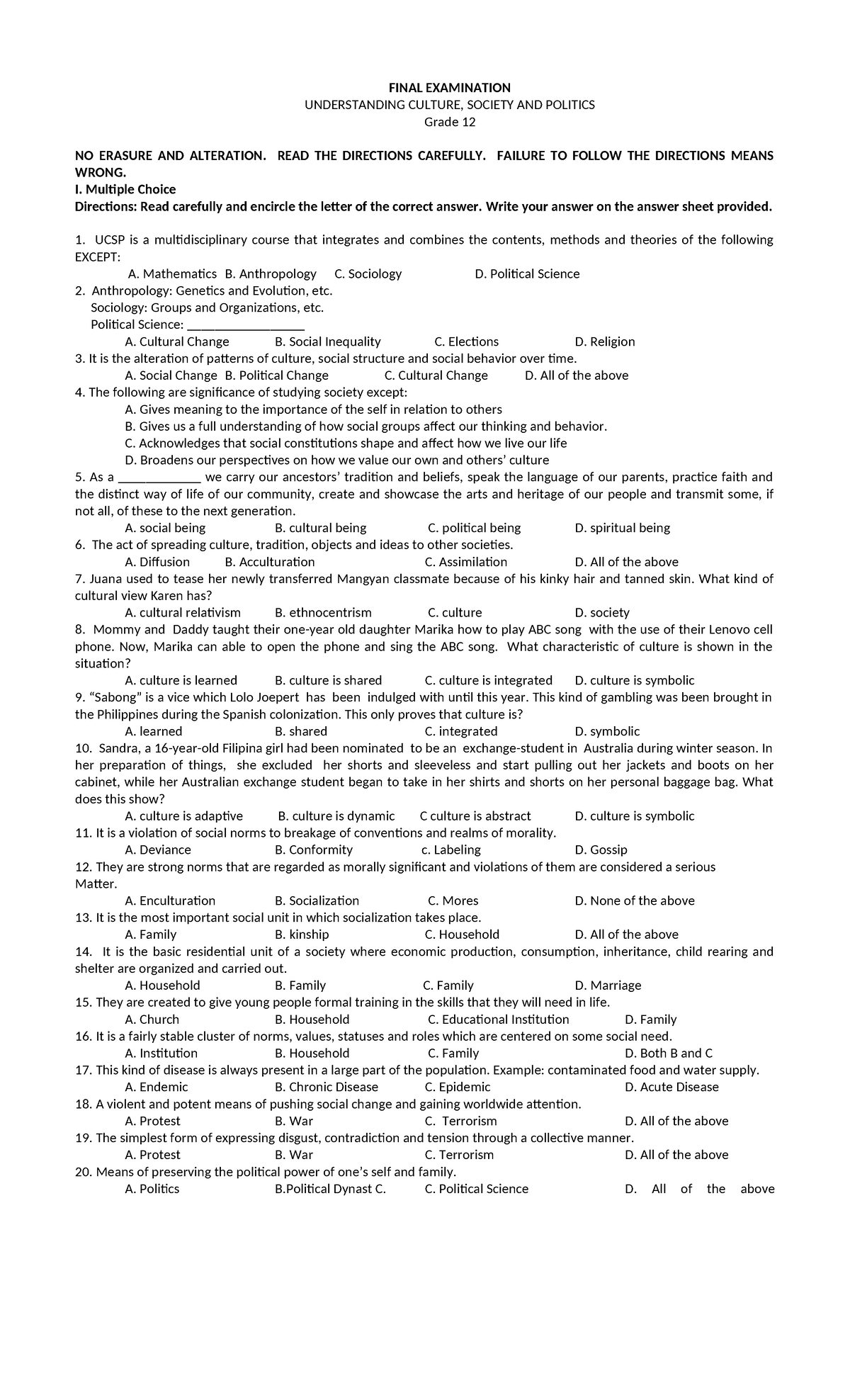 433219125 Gr11 UCSP Final Exam 3 - FINAL EXAMINATION UNDERSTANDING ...