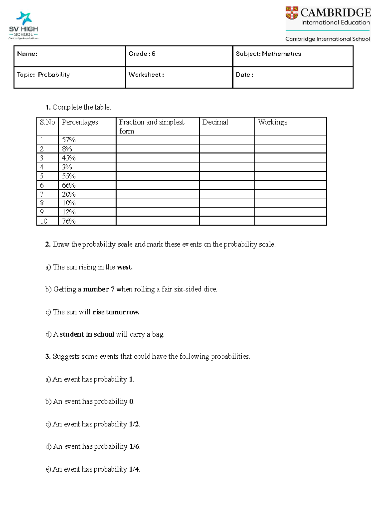 Mathematics Grade 6 Probability Worksheet - Studocu