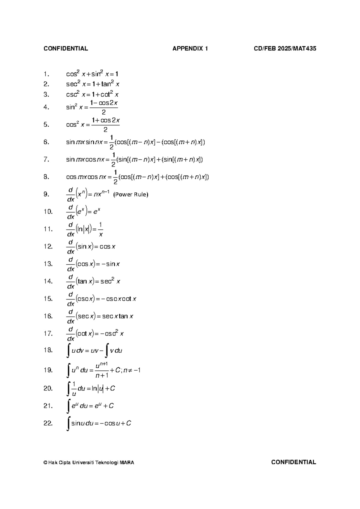 Appendix notes for MAT435: Trigonometric identities and derivatives ...