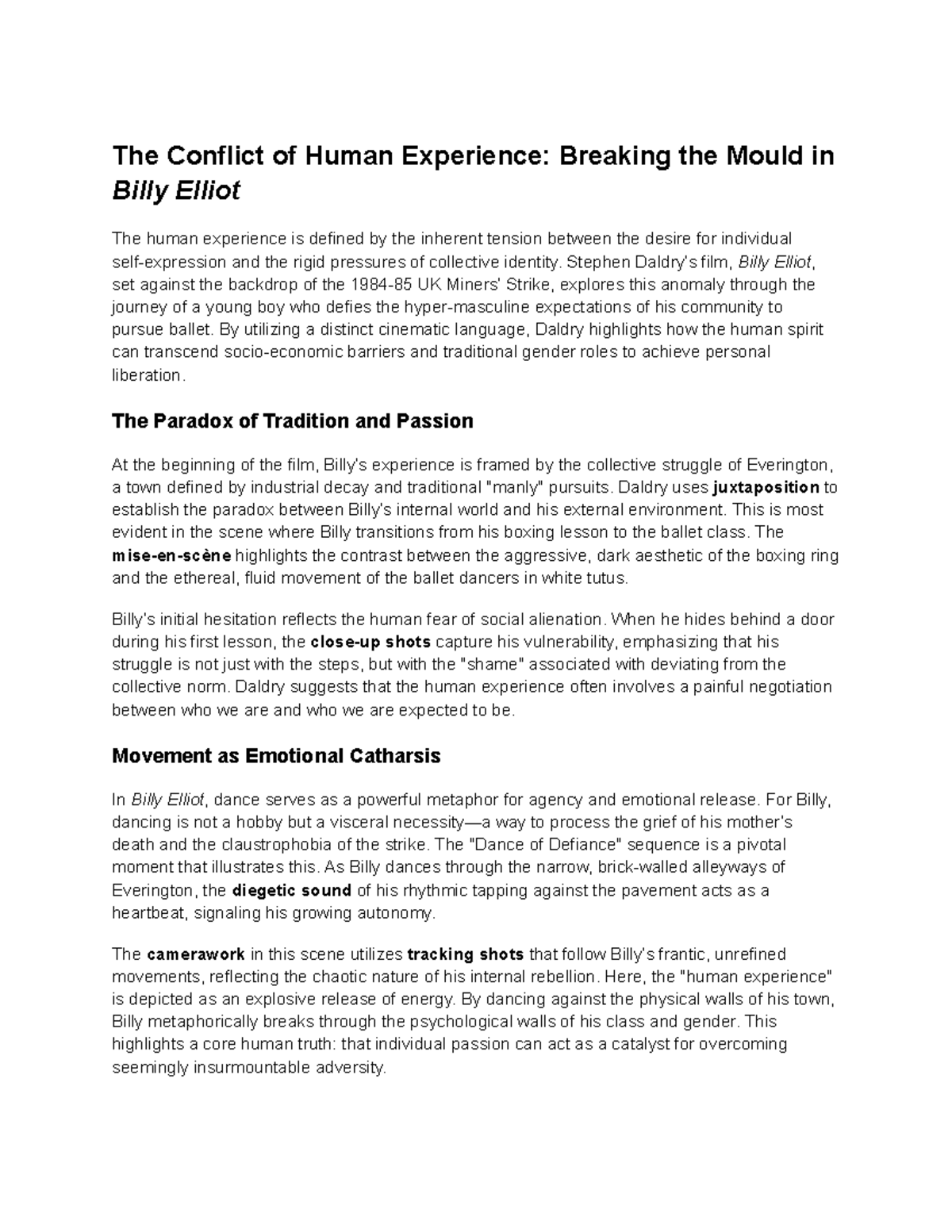 Billy Elliot Essay Analysis: Breaking Barriers in Human Experience ...