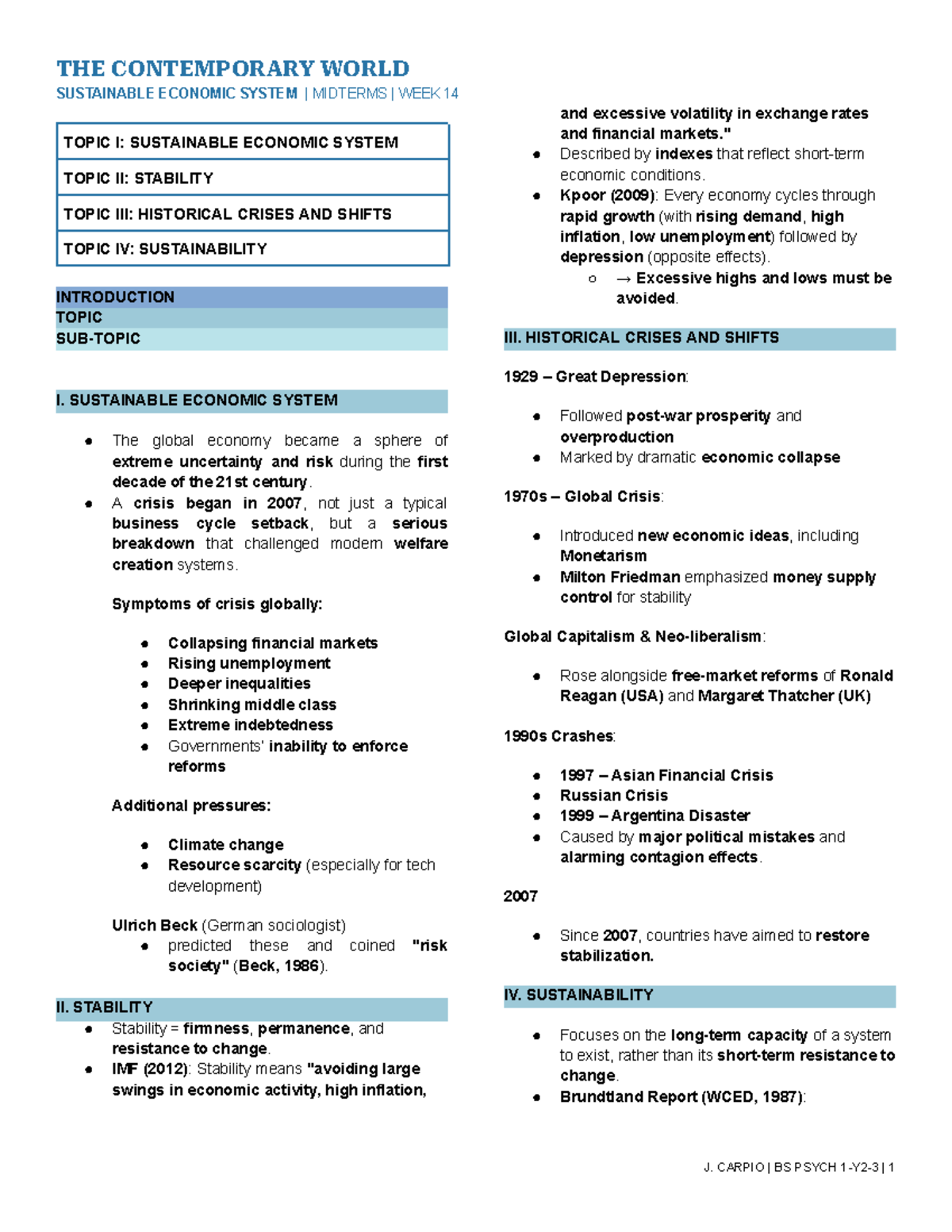 TCWD 1: Sustainable Economic System Midterms Week 14 Notes - Studocu
