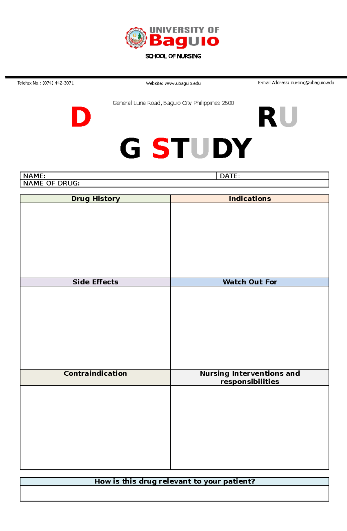 DRUG- Study - pharmacological drugs - D RU G STUDY NAME: DATE: NAME OF ...