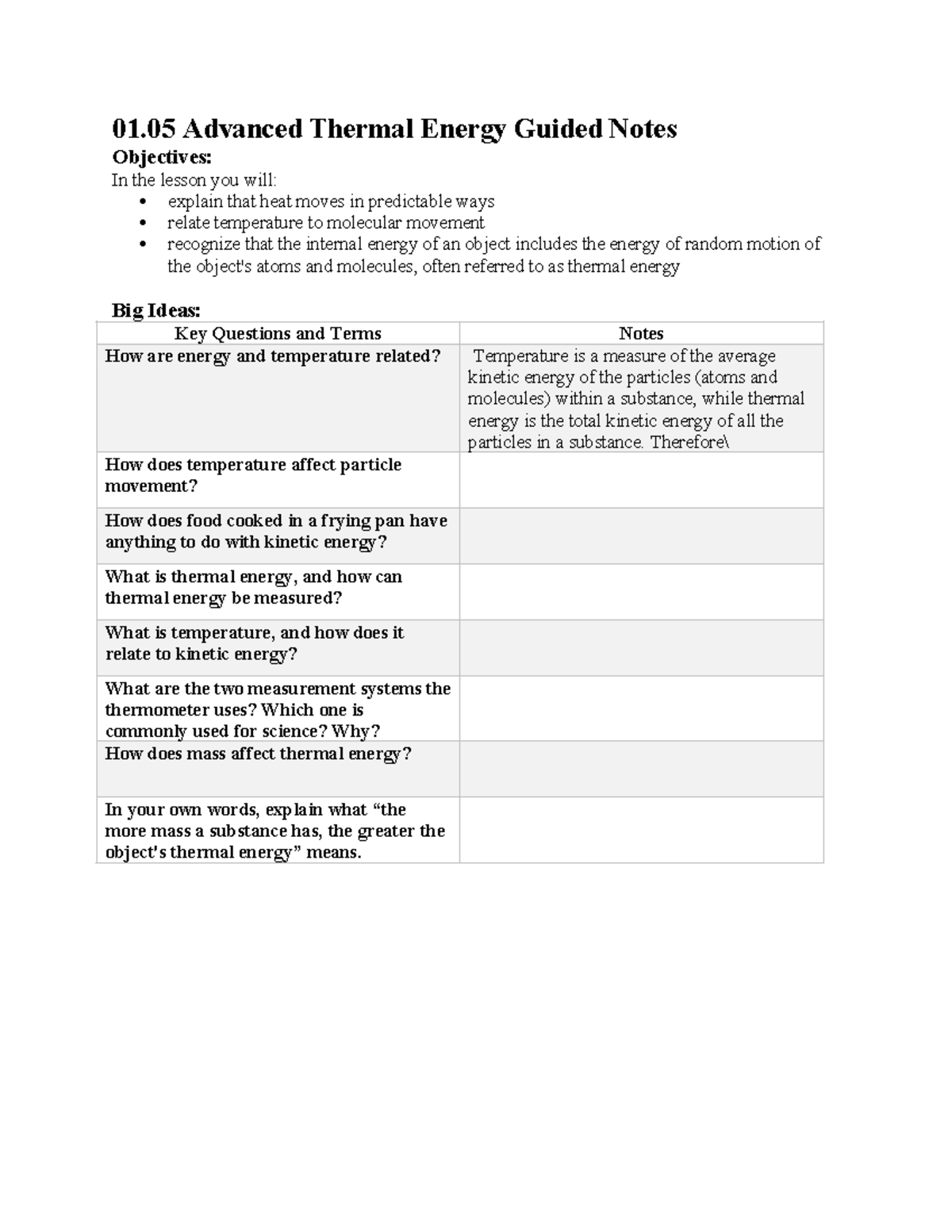 01.05 Advanced Thermal Energy Lesson Notes and Objectives - Studocu
