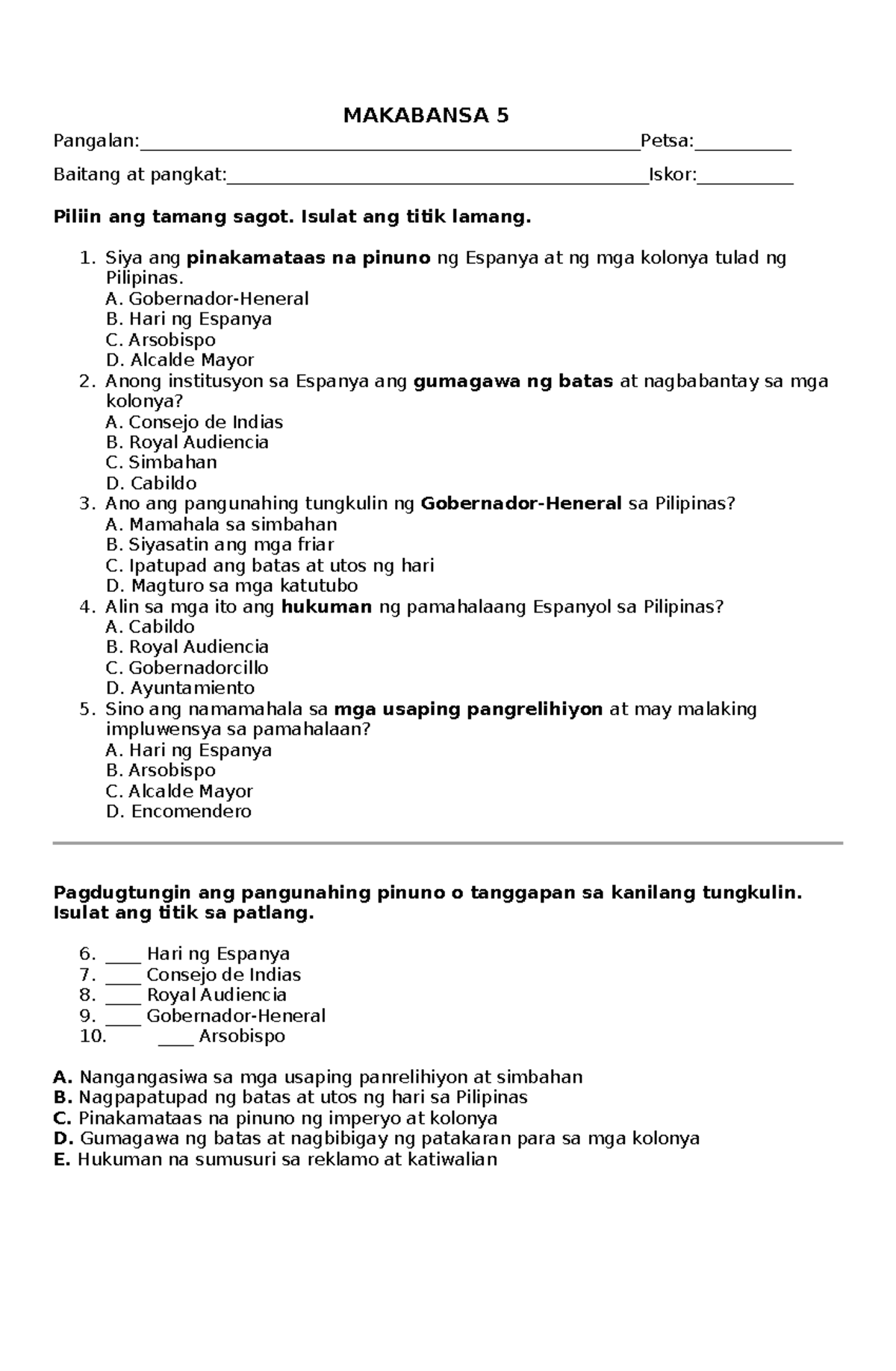 ARAL PAN 5 Worksheet - Piliin ang Tamang Sagot at Sagutan - Studocu