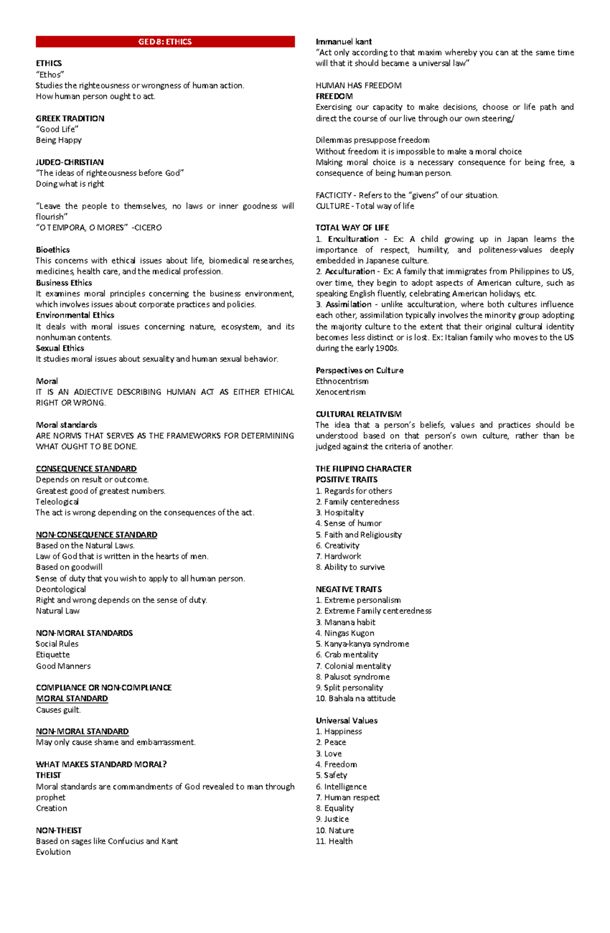 GED 8 Ethics and Understanding the Self - GED 8: ETHICS ETHICS “Ethos ...