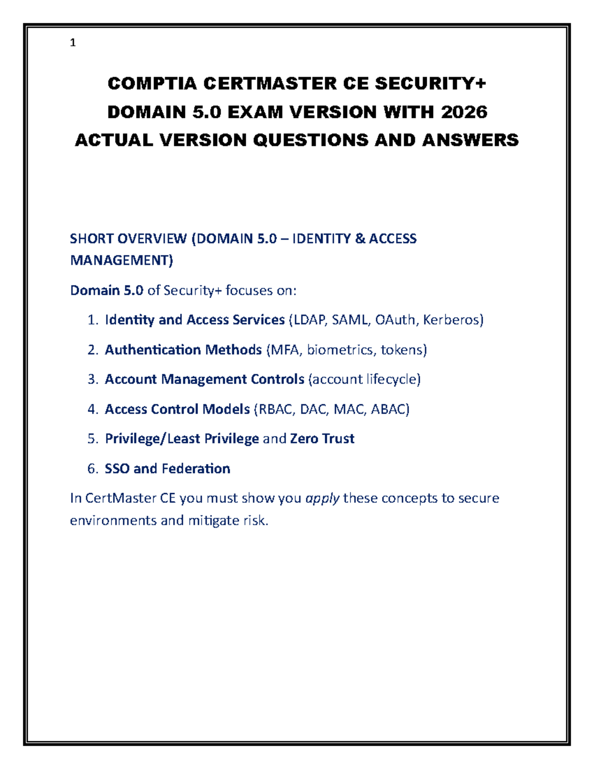 Comptia Certmaster CE Security+ Domain 5.0 Exam Q&A Overview - Studocu