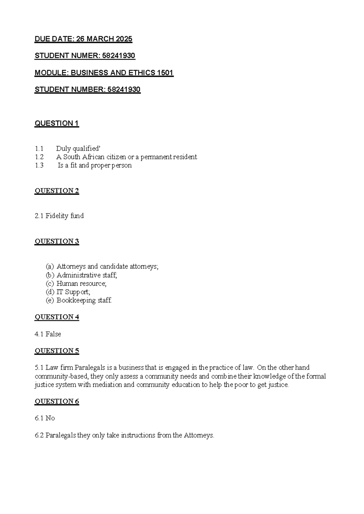 BWE 1501 Assignment 1 - PREVIOUSE EXAM PAPERS - DUE DATE: 26 MARCH 2025 ...