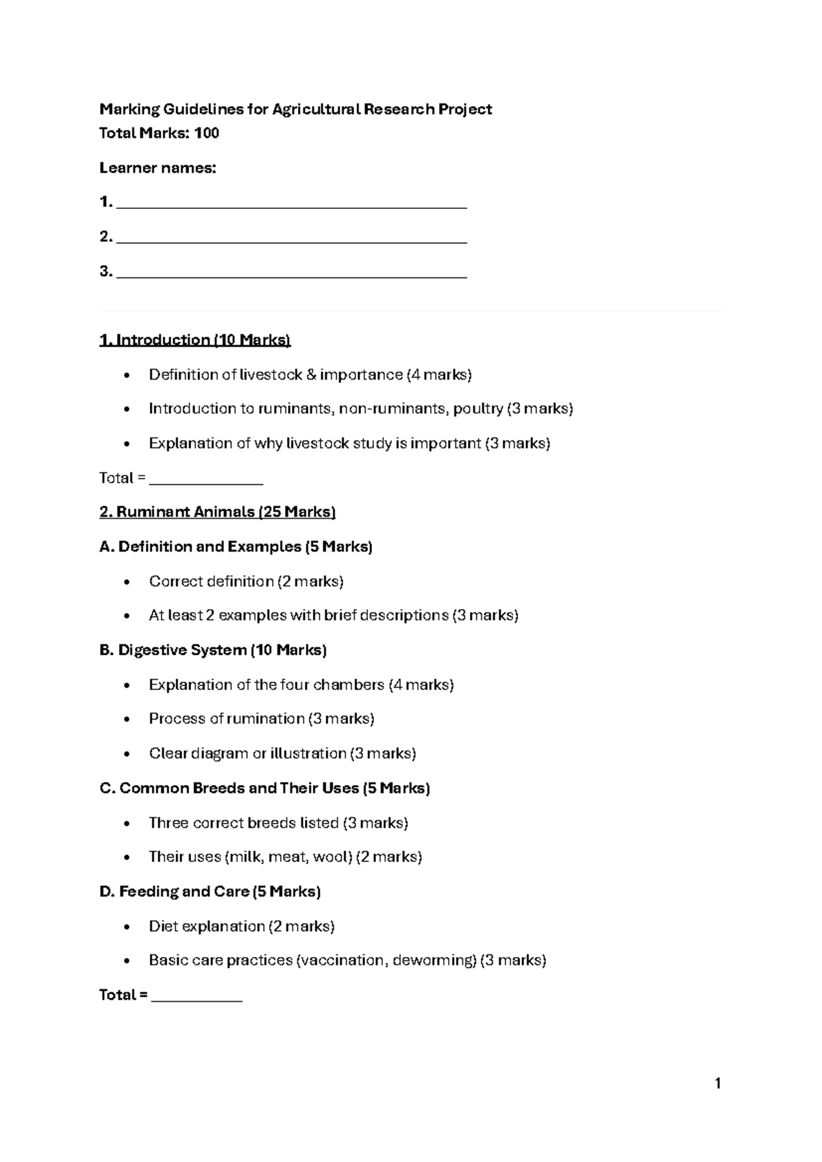 Agricultural Research Project Marking Guidelines (Total: 100 Marks ...