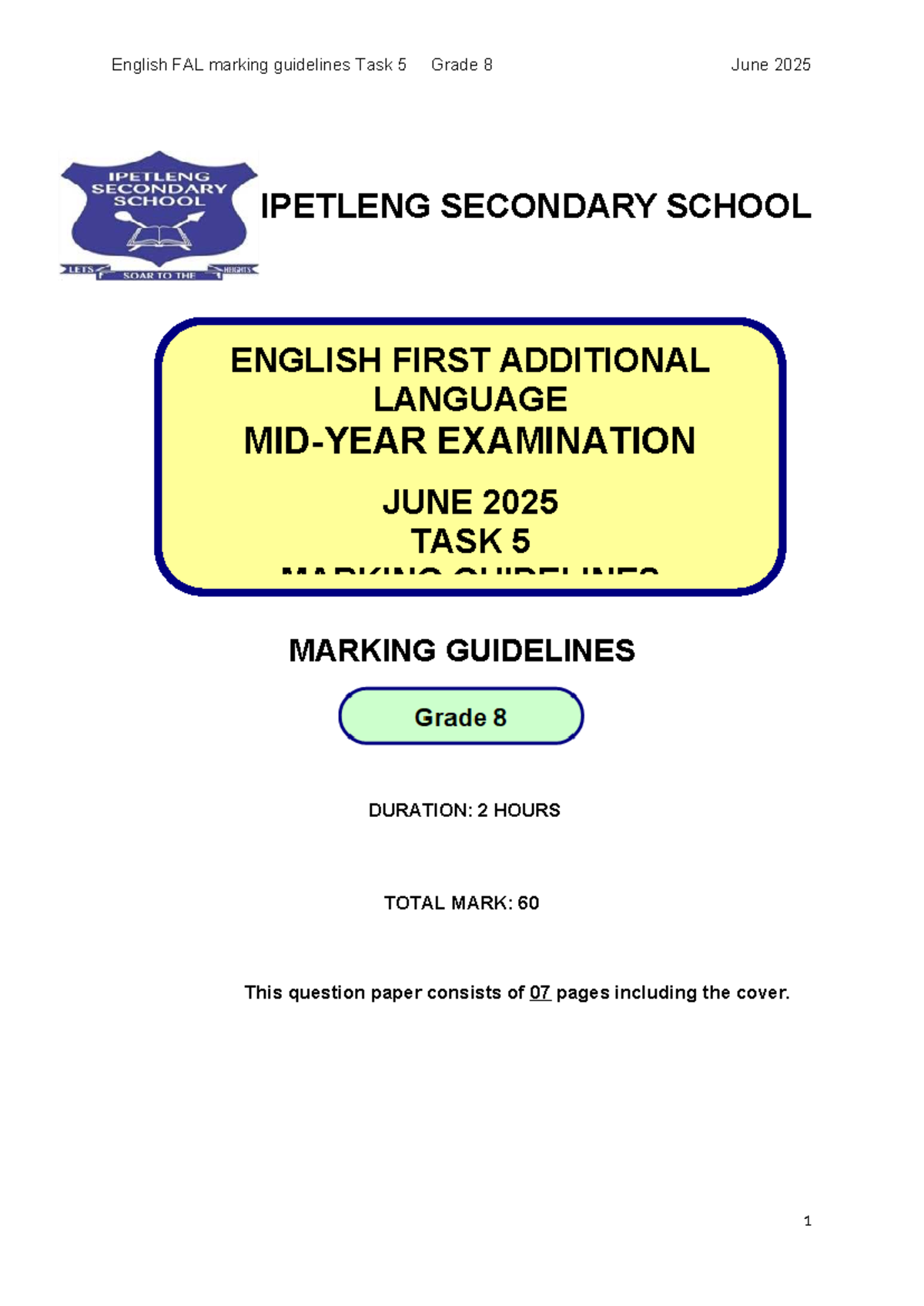 English FAL Task 5 Marking Guidelines Grade 8 June 2025 - Studocu