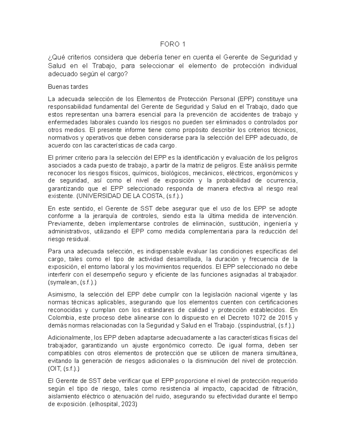 FORO 1: Criterios para la Selección de EPP por el Gerente de SST - Studocu