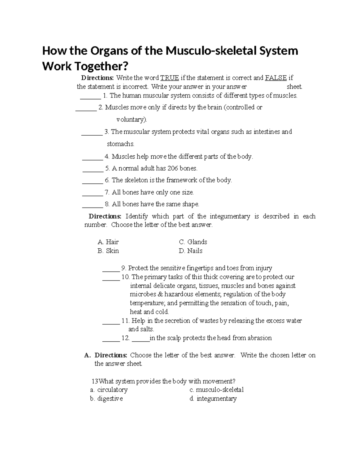 Q2 Musculo-skeletal System: Organs & Functions Quiz - Studocu