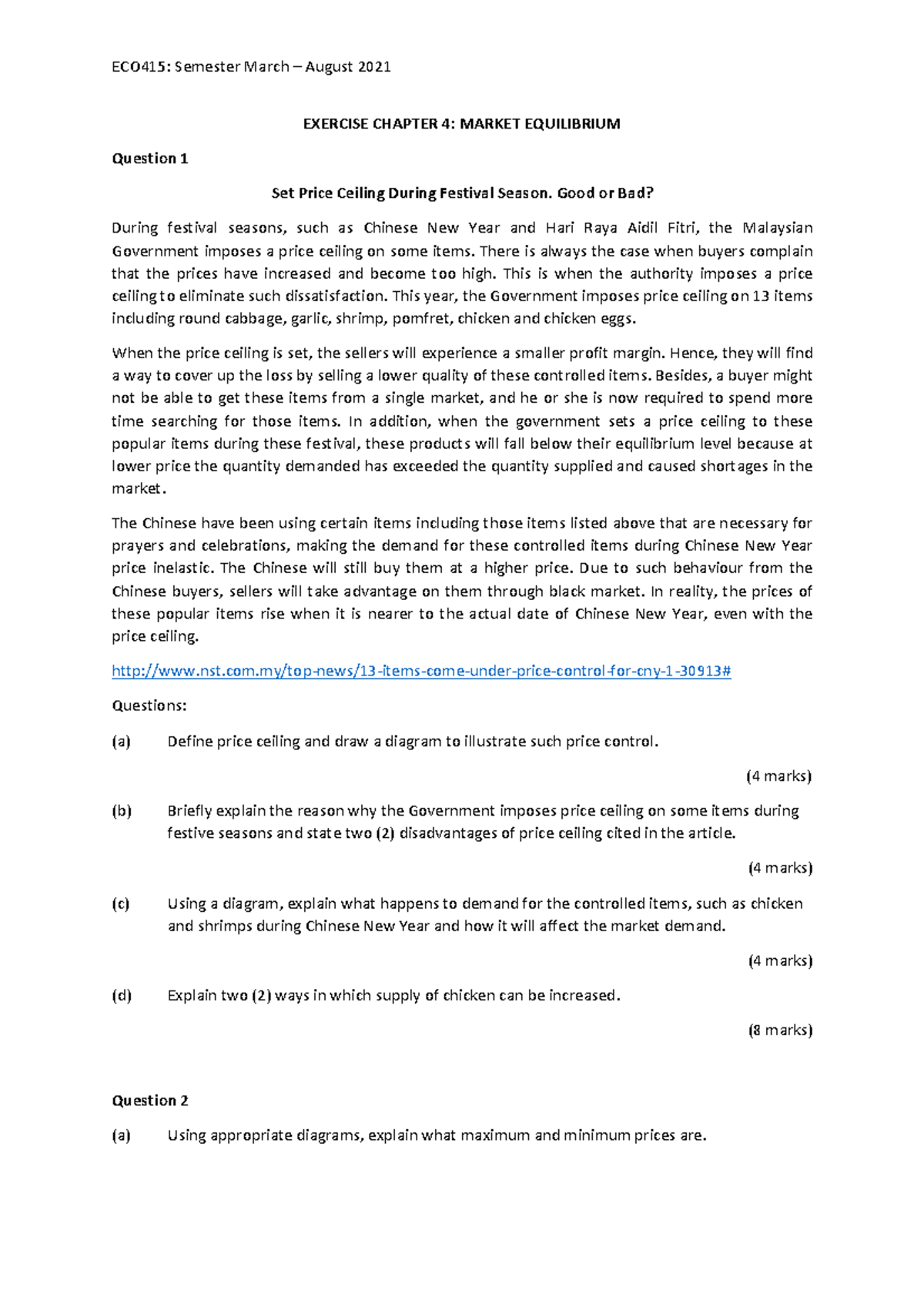 Exercise ECO Chap4 - NOTES - EXERCISE CHAPTER 4: MARKET EQUILIBRIUM ...
