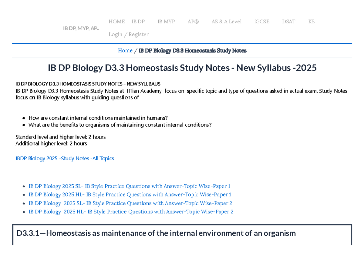 IB DP Biology D3.3 Homeostasis Study Notes - Study Notes focus on IB ...