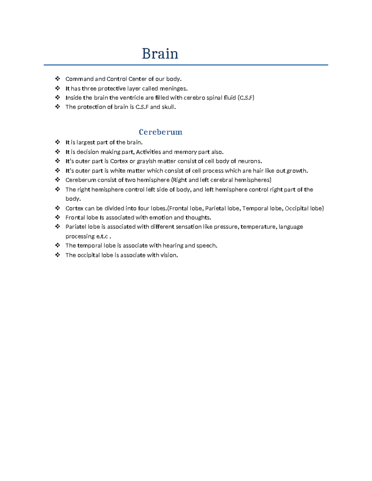 Brain Anatomy and Functions: Helpful Notes on Cerebrum and Lobes - Studocu