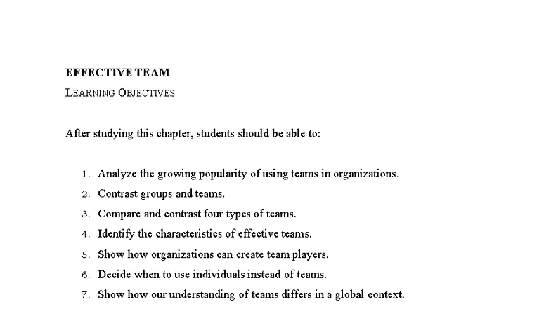 EFFECTIVE TEAM LEARNING OBJECTIVES - CHAPTER NOTES - Studocu