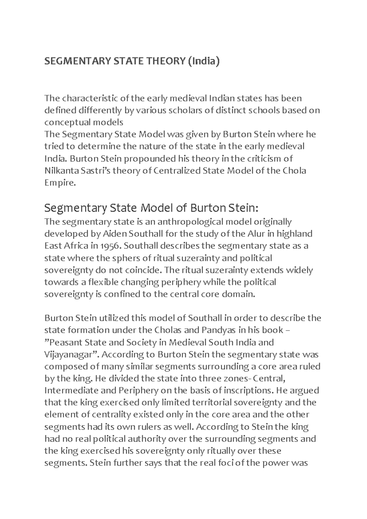 BA History and Economics: The Segmentary State Theory in India - Studocu