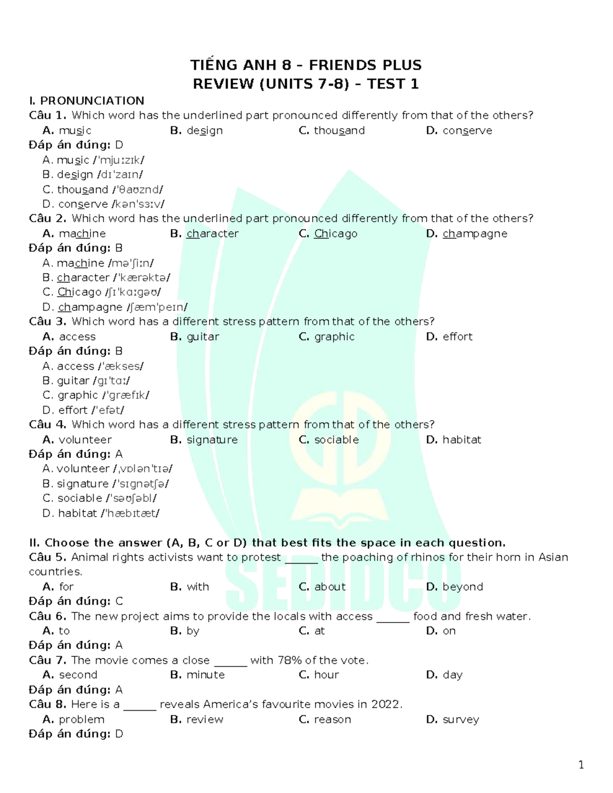 TIẾNG ANH 8 FRIENDS PLUS - REVIEW TEST 1 (ANSWER KEY) - Studocu
