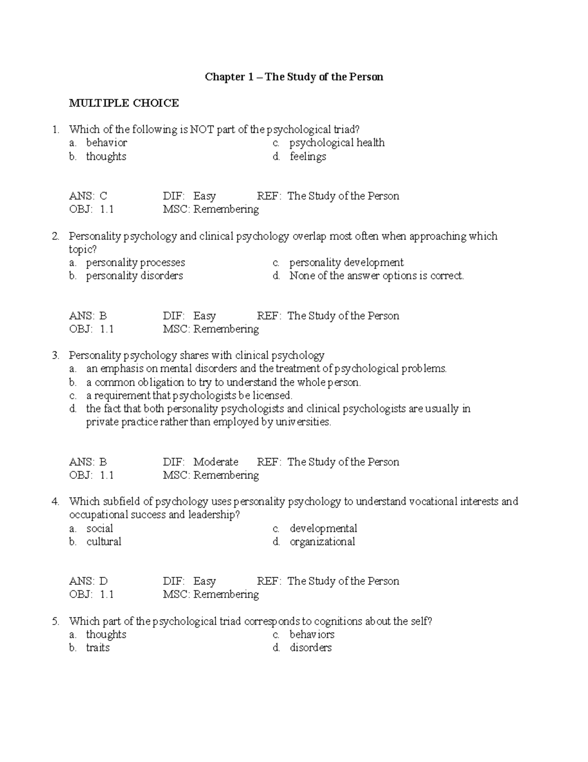Chapter 1 Testbank - Intro to Personality - Chapter 1 – The Study of ...