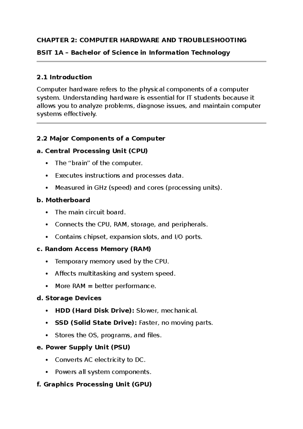CHAPTER 2: COMPUTER HARDWARE & TROUBLESHOOTING BSIT 1A - Studocu