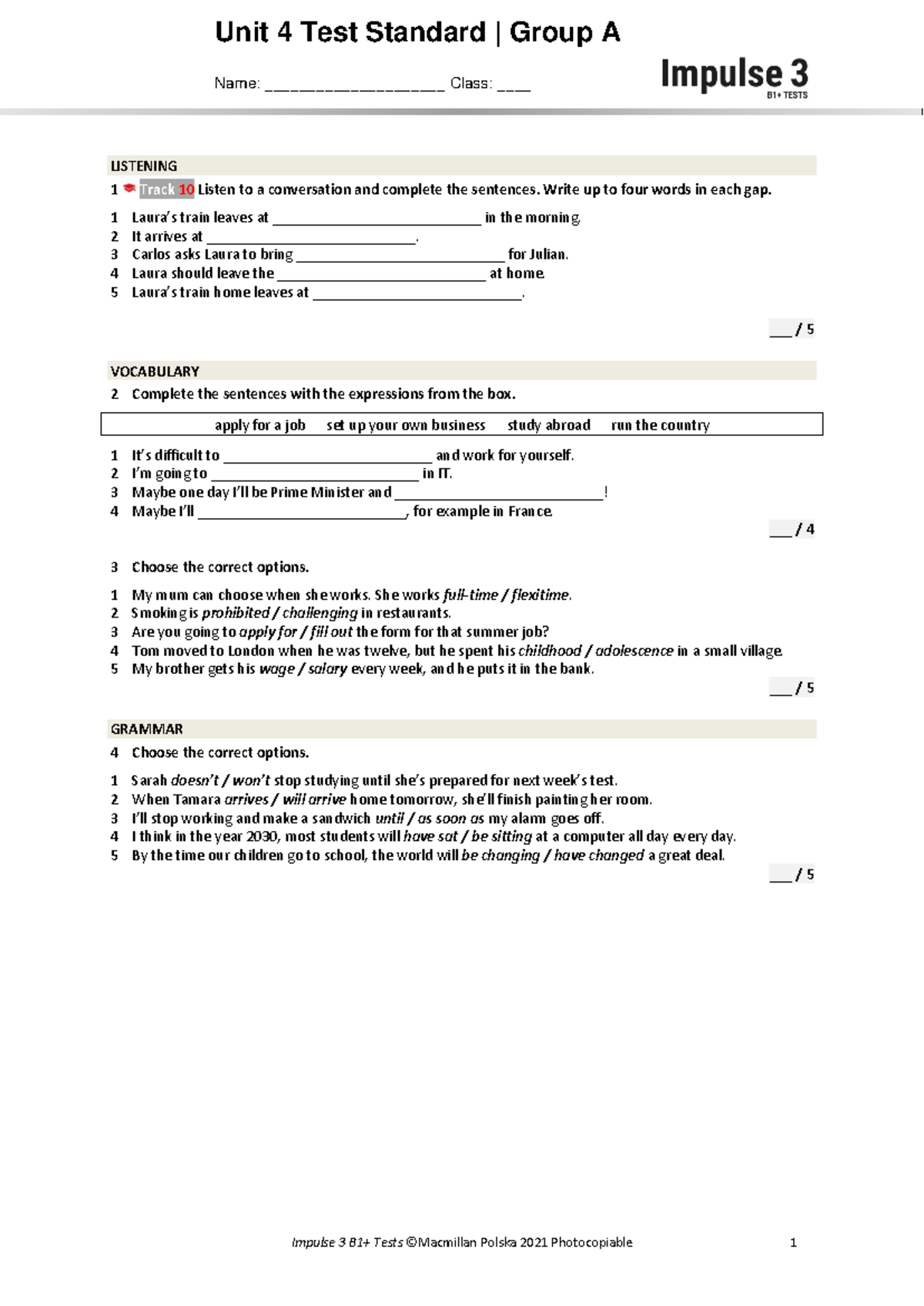 Unit 4 Listening Test Standard Group A - Vocabulary & Grammar - Studocu