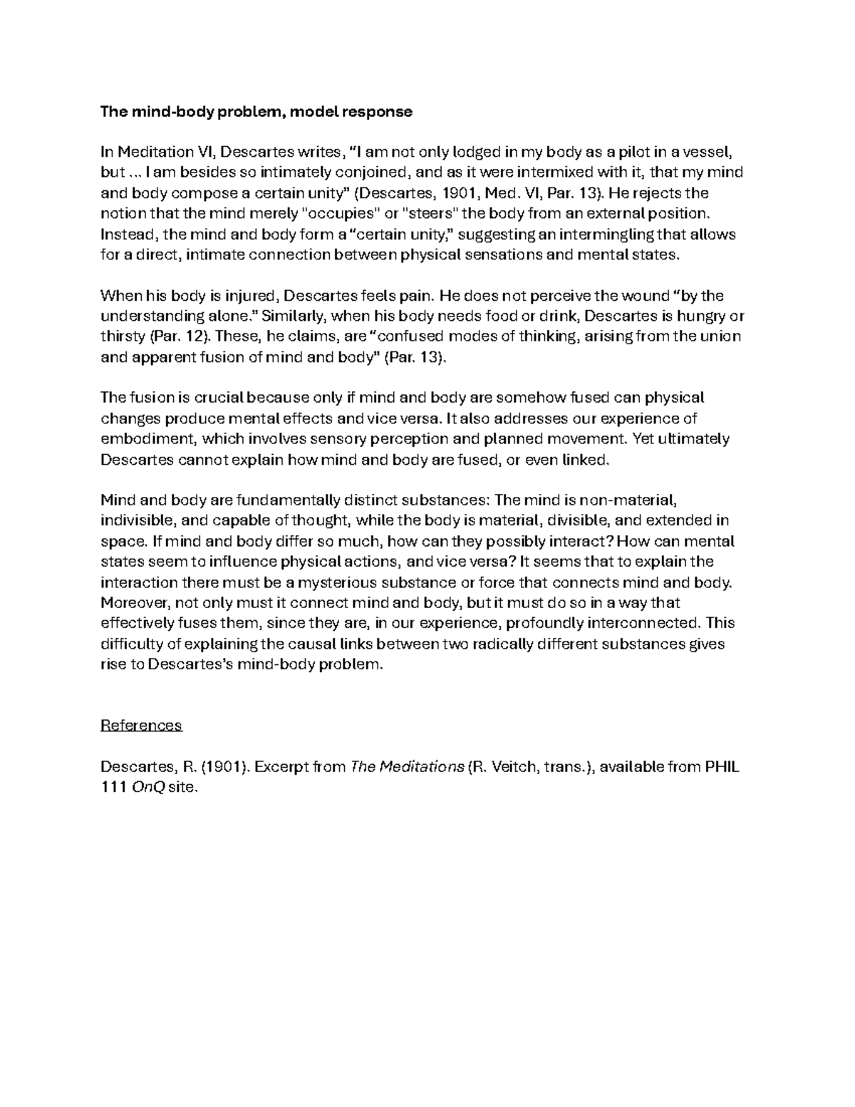 Model response 1 - John locke - The mind-body problem, model response ...