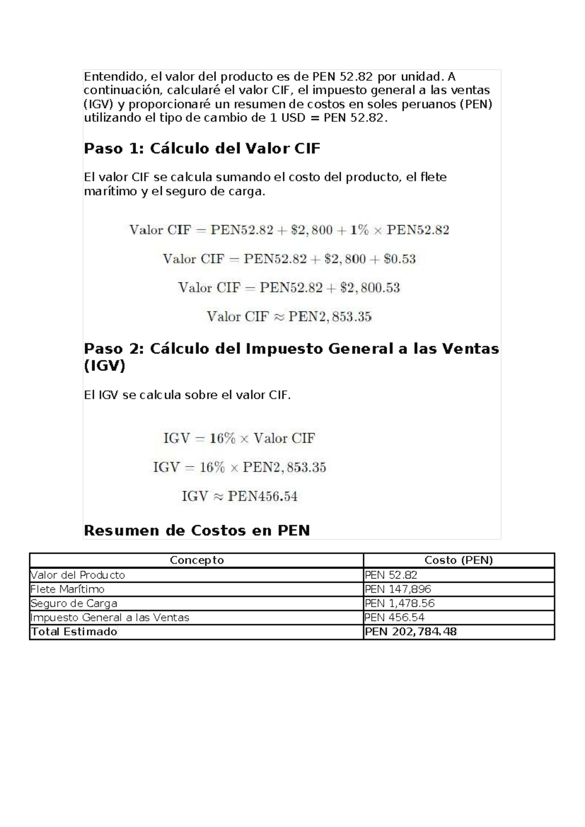 Cálculo del Valor CIF y Resumen de Costos en PEN - Studocu