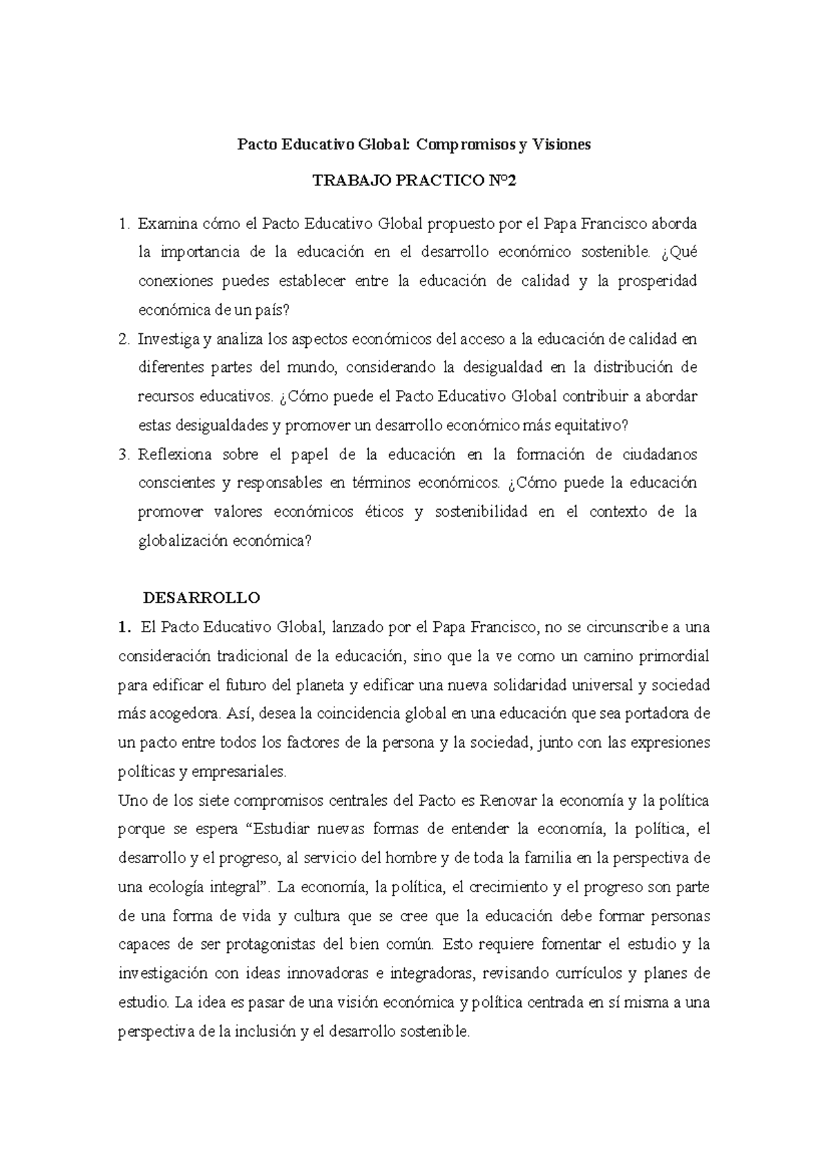 TP N° 2 Teología-MIO: Análisis del Pacto Educativo Global y su Impacto ...