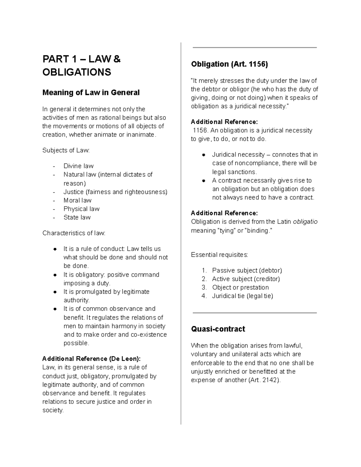 LAW 101: Obligations and Contracts Overview - Part 1 Discussion Notes ...