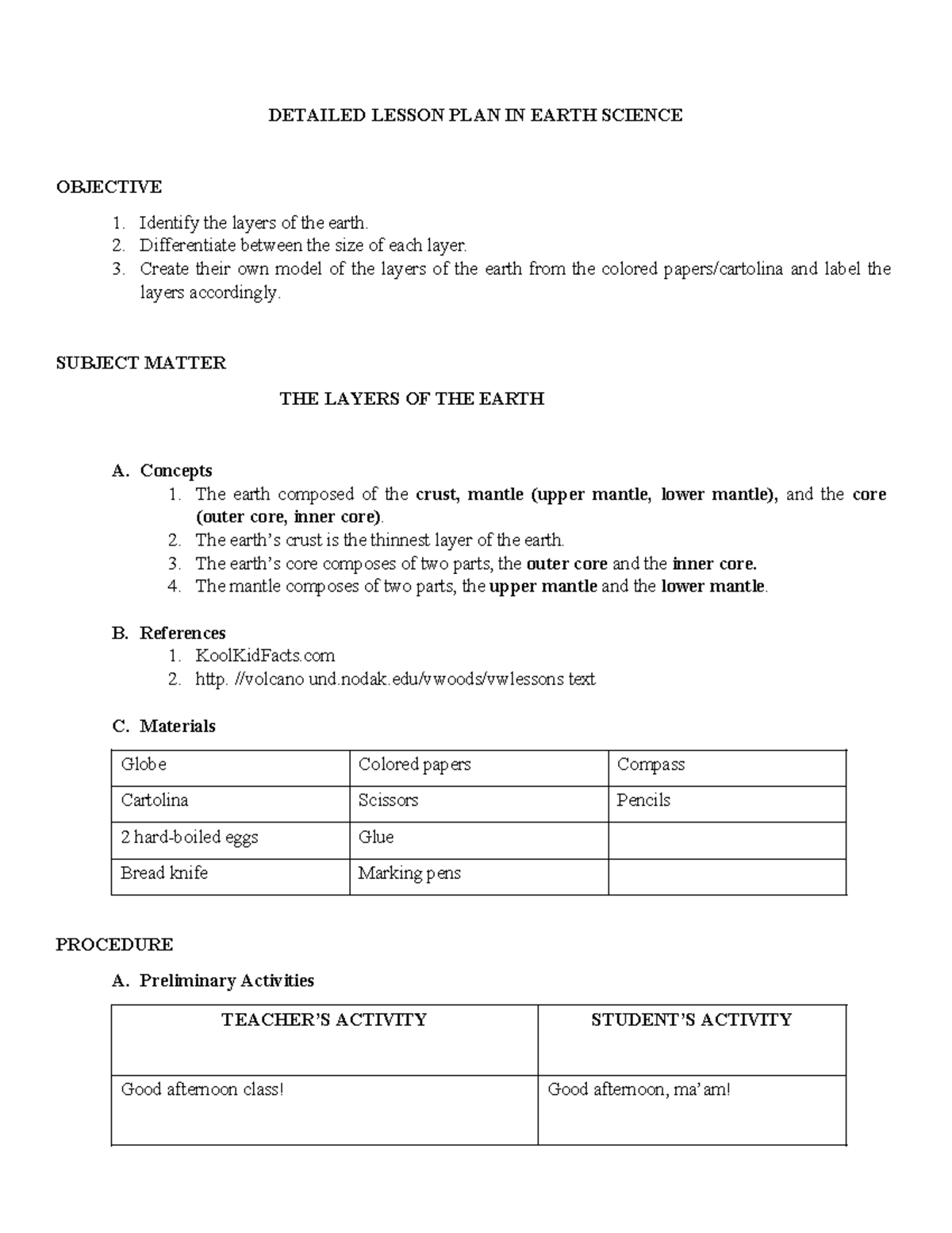 Detailed Lesson Plan: Layers of the Earth (Earth Science) - Studocu