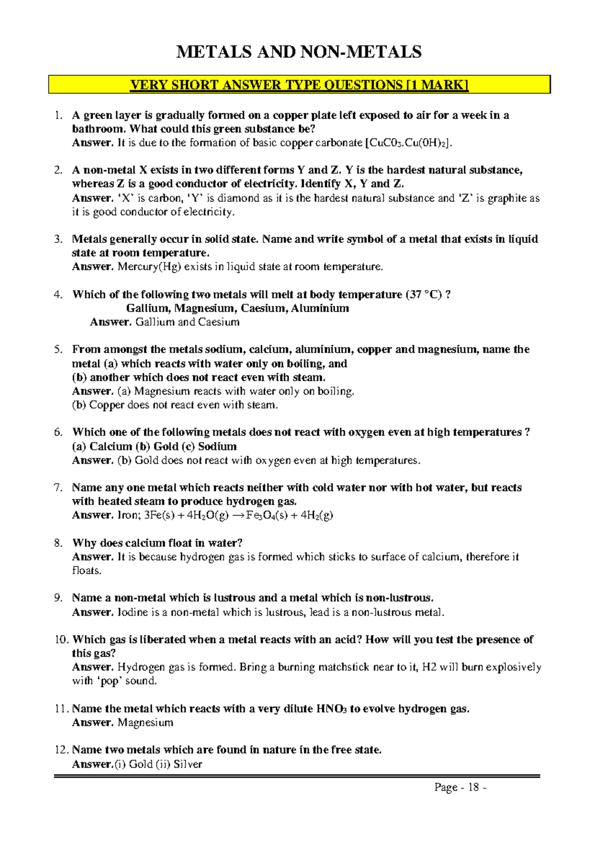 METALS AND NON-METALS: SHORT ANSWER QUESTIONS (Q-A) - Studocu