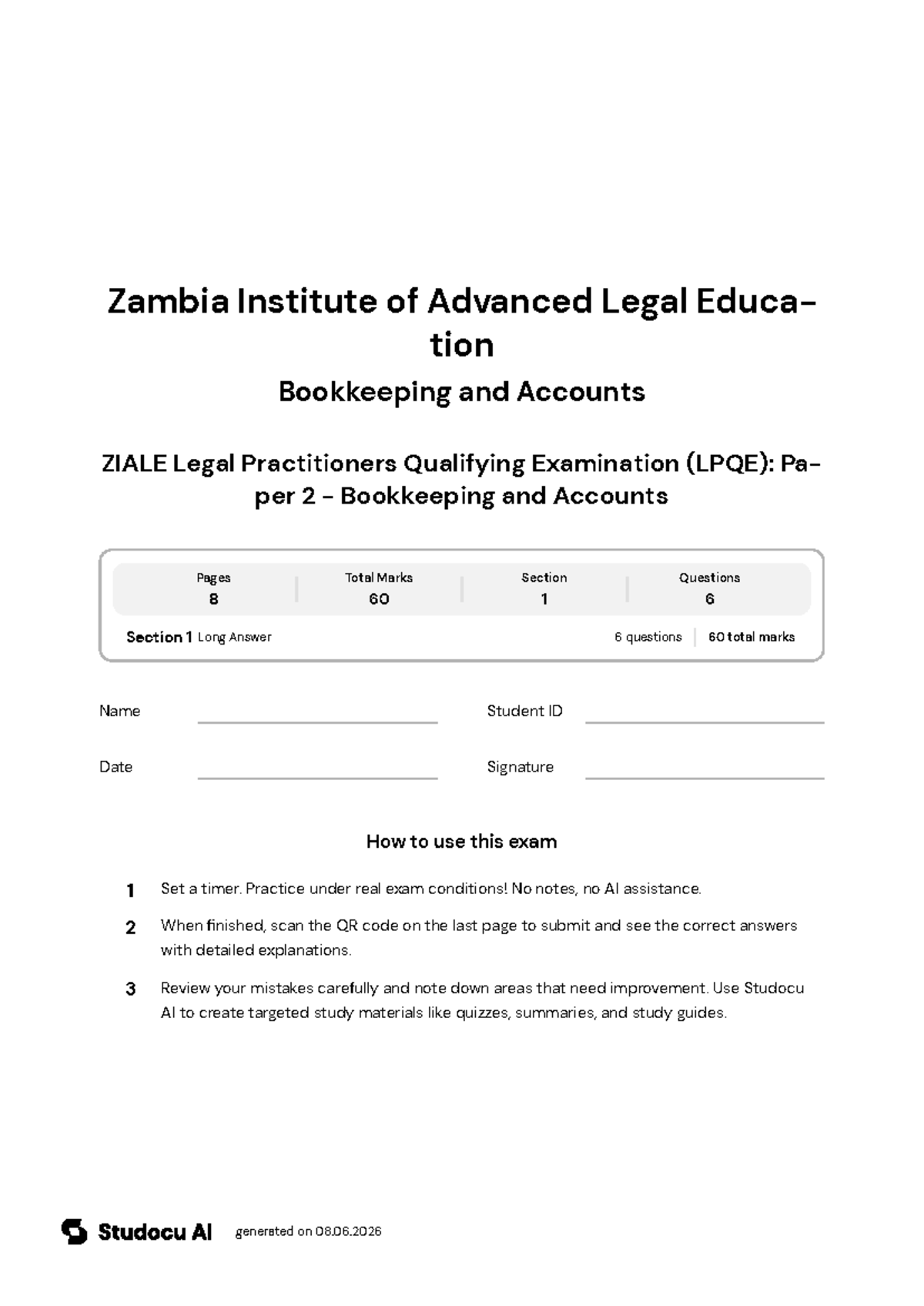 ZIALE LPQE: Paper 2 - Bookkeeping and Accounts - Studocu