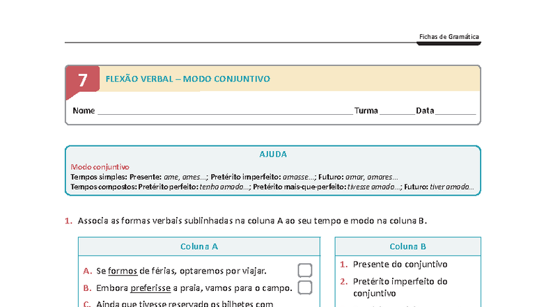 Fichas de Gramática 7: Modo Conjuntivo e Tempos Verbais - Studocu
