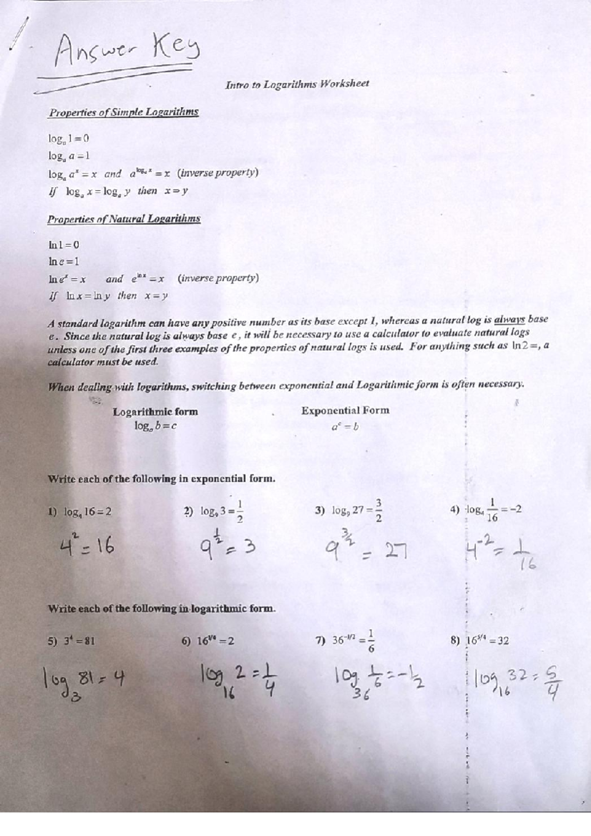 1 - final previuos - Answer Key Intro to Logarithms Worksheet ...