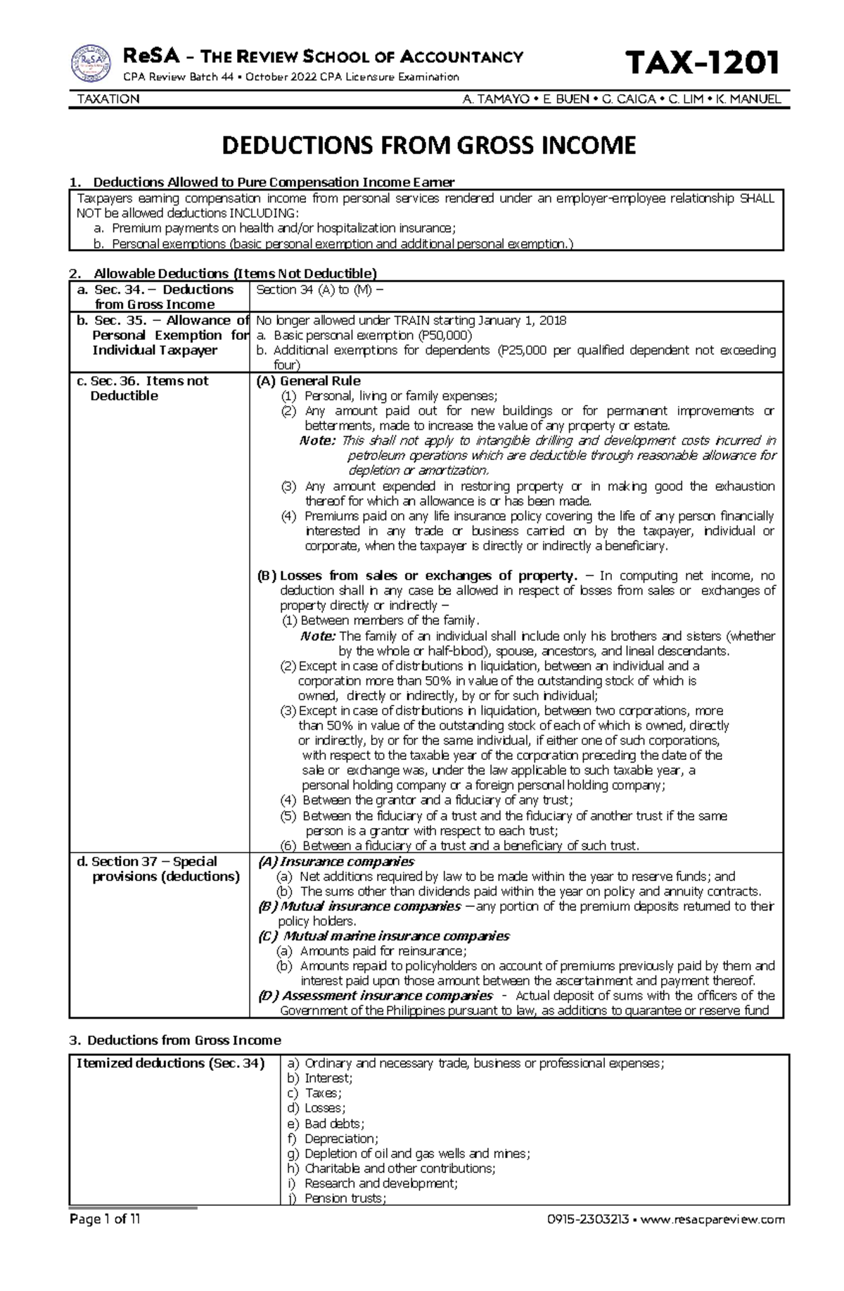 ReSA CPA Review Batch 44: Deductions from Gross Income Overview - Studocu