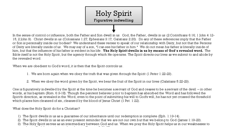 Holy Spirit Indwelling: Control, Influence, and Christian Life - Studocu