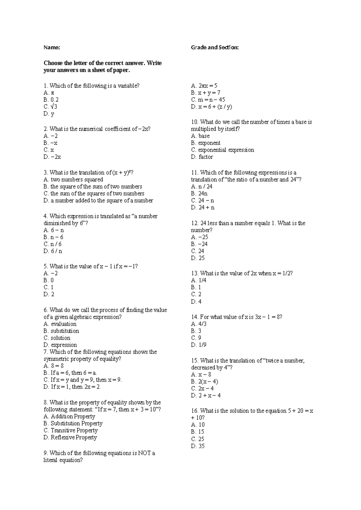 Pretest: Algebra Concepts and Variable Understanding - Studocu