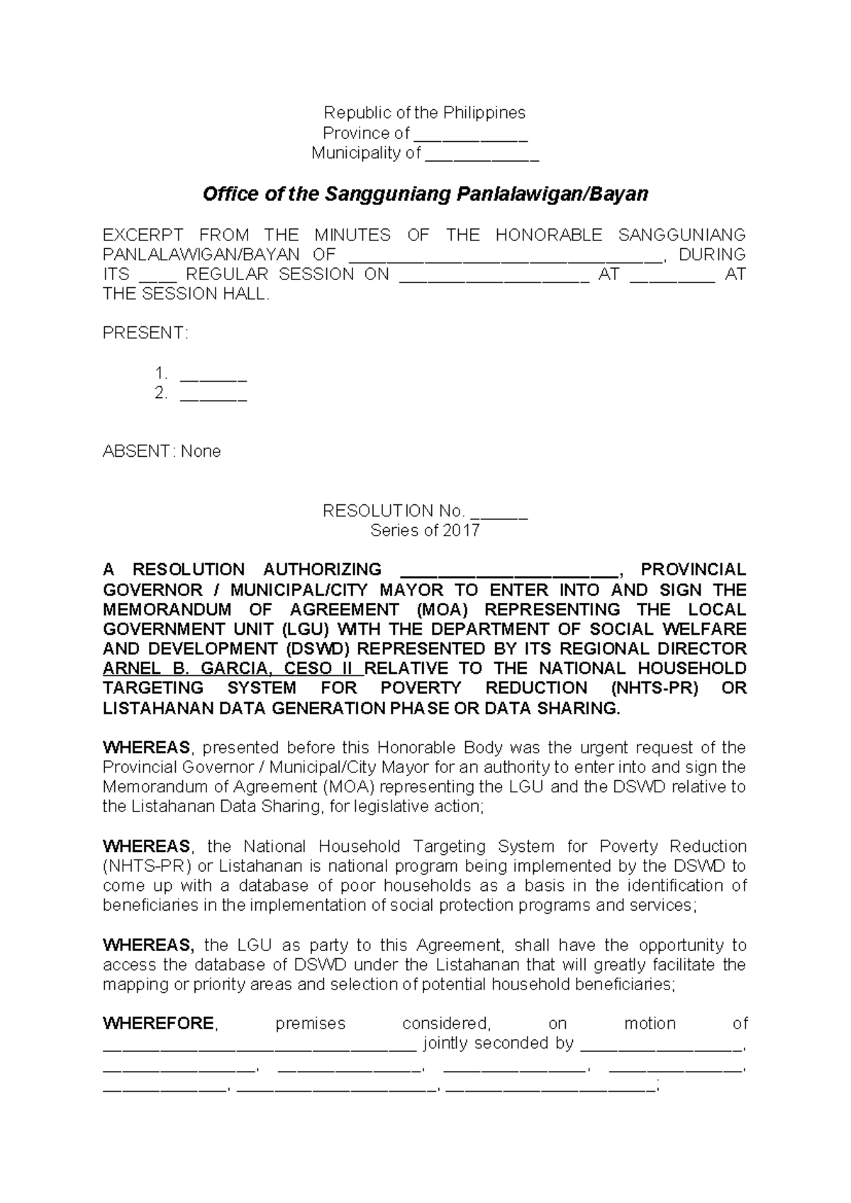 Resolution No. 2017: MOA with DSWD for Listahanan Data Sharing - Studocu