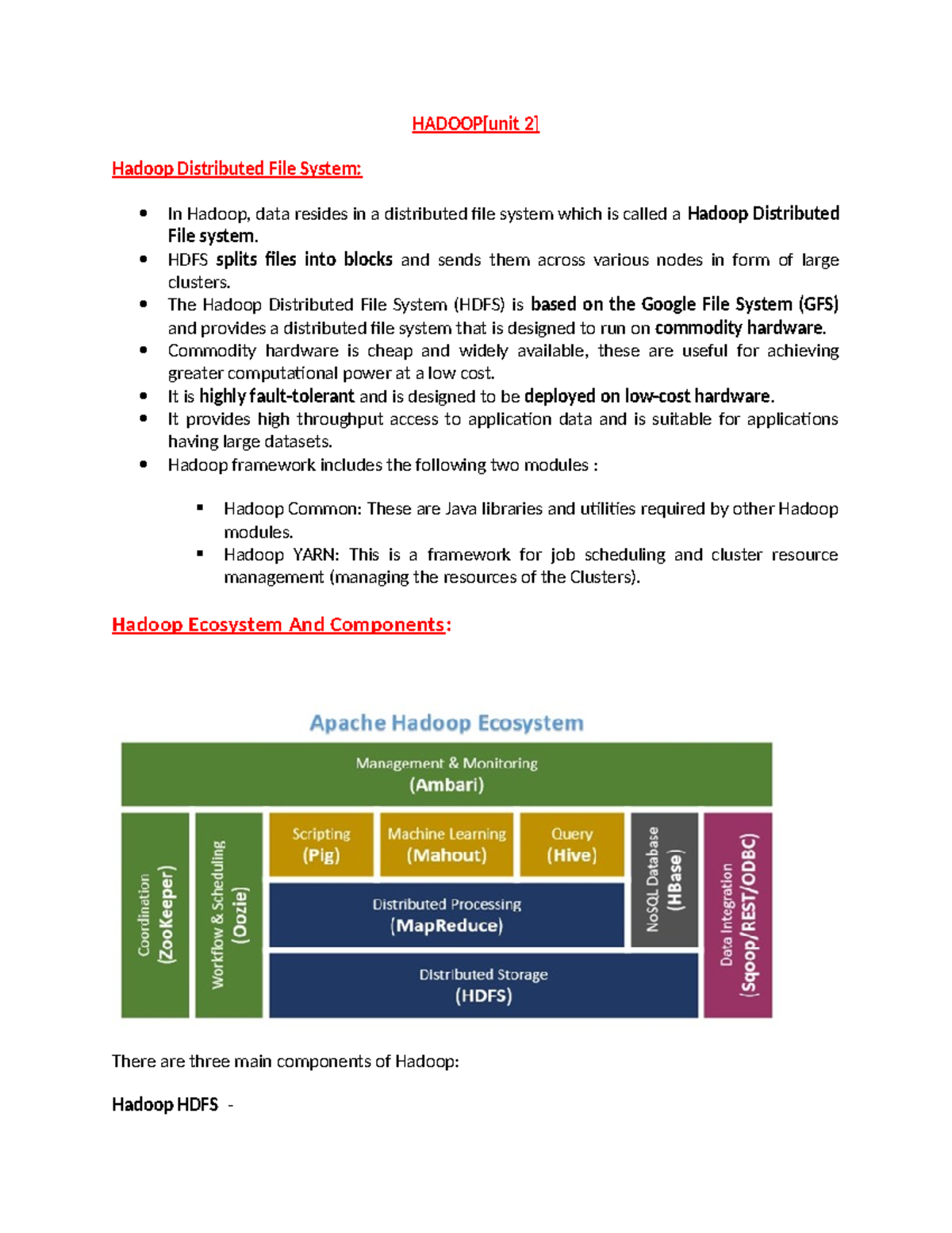 Unit 2 - HDFS, MapReduce, YARN & Hadoop Ecosystem Overview - Studocu