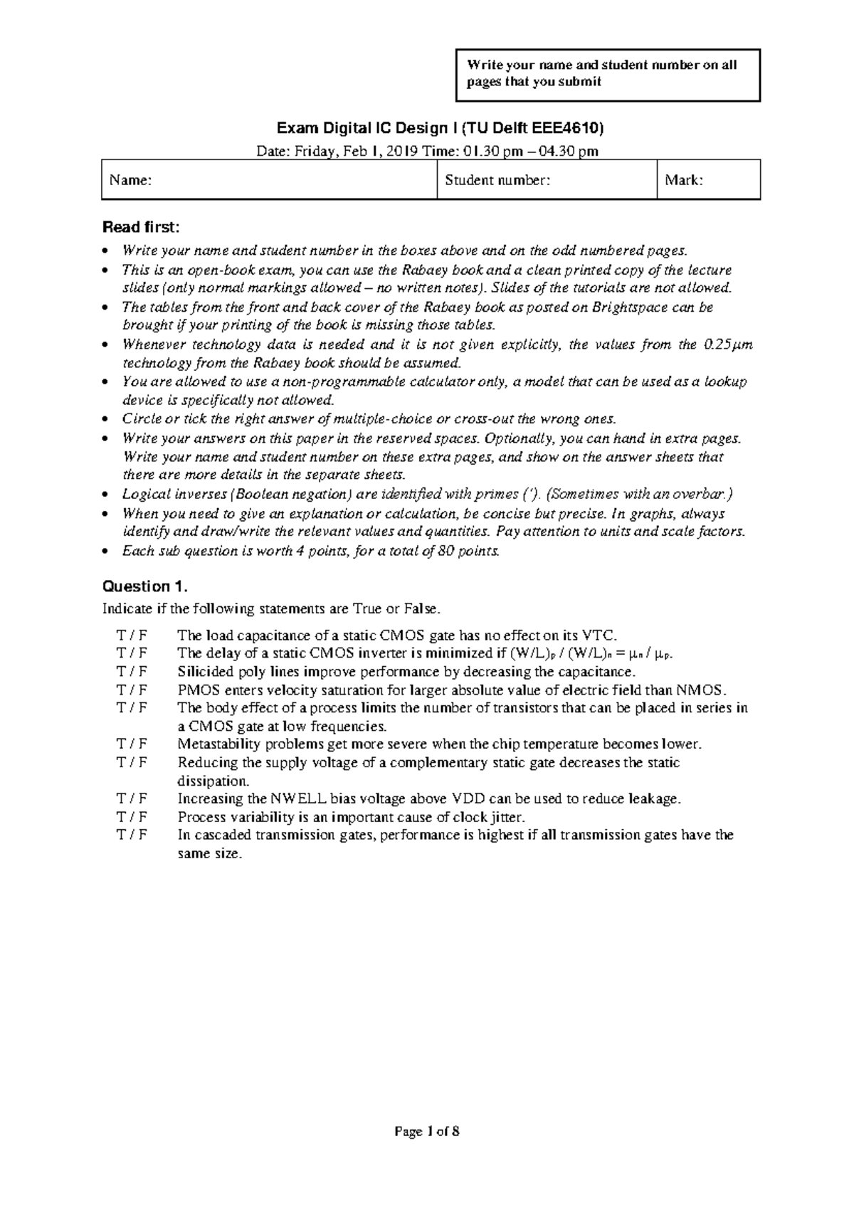 Exam Notes for Digital IC Design I (EEE4610) - Feb 1, 2019 - Studeersnel