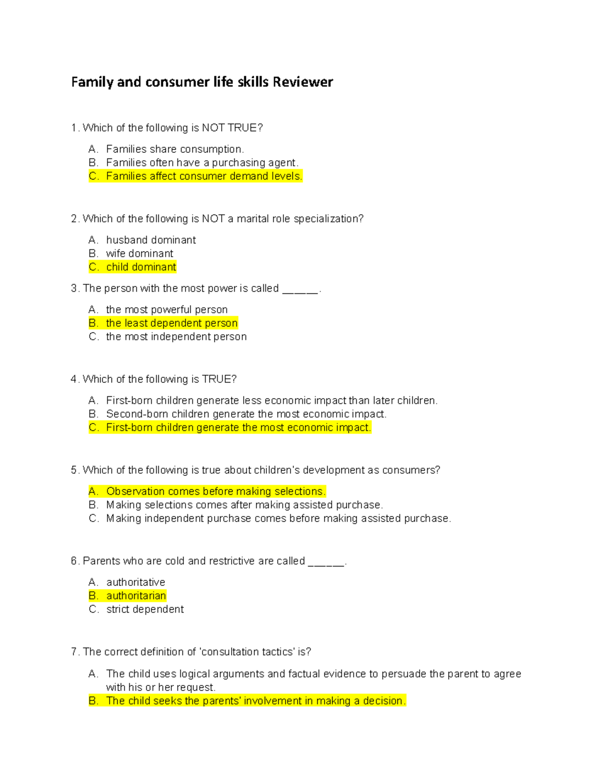 Family and Consumer LIFE Skills Review and Key Concepts - Studocu